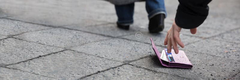 Lost Leather Wallet. Man Picks Money Stock Photo - Image of shopping ...