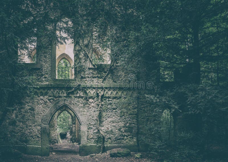Lost Place, Haunted Overgrown Gothic Chapel in the Forest Stock Photo ...