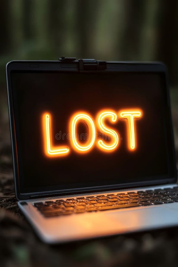 Lost Signal Open Laptop Displaying Neon Text Lost Against a Dark Forest ...