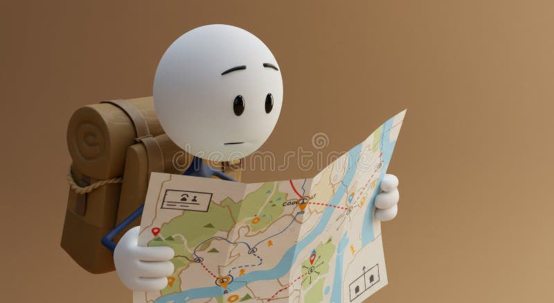 Lost Stick Figure with Backpack Trying To Read Map for Direction on ...