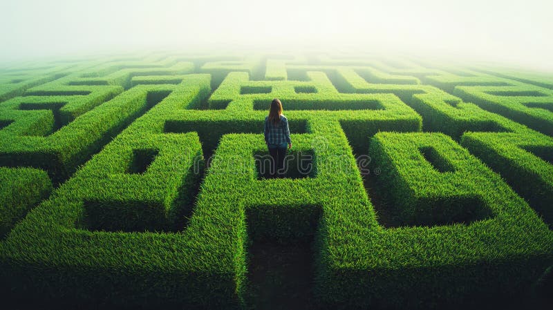 Lost in Thought, Woman Contemplates Path through Lush Green Maze ...