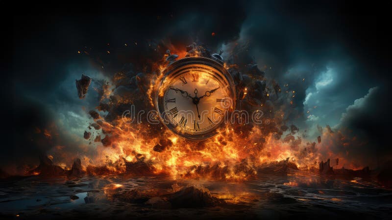 Burnt Time. a Clock Engulfed in Flames Against a Dark Background Stock ...