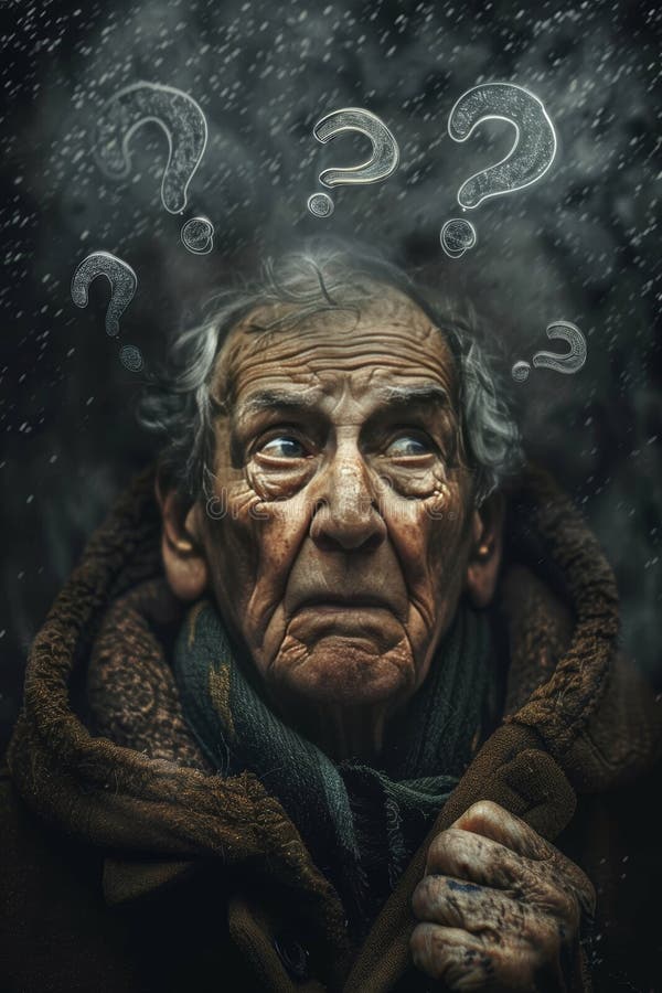 Lost and Uncertain Portrait of a Senior Man with Question Marks ...