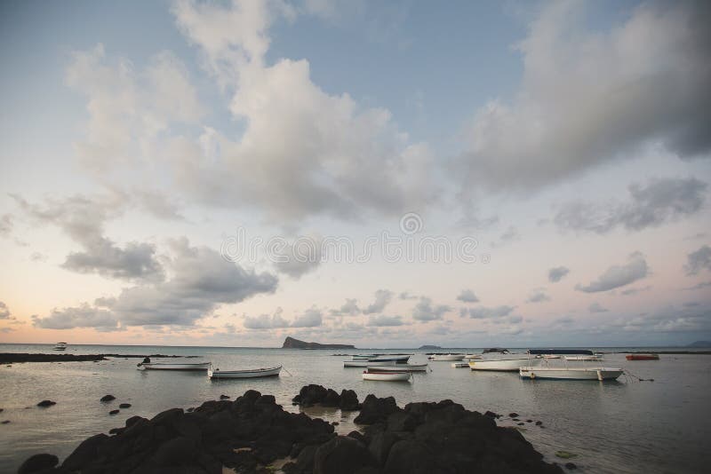 Lot of Boats at Sunset. Mauritius Island. Stock Image - Image of nature ...