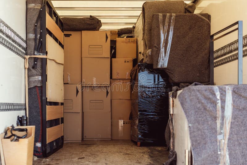 A Lot of Boxes and Packages from a Move Inside a Truck Stock Image ...