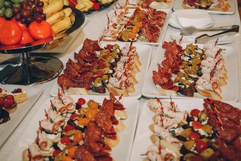 A Lot of Cold Snacks and Drinks on Buffet Table, Stock Photo - Image of ...