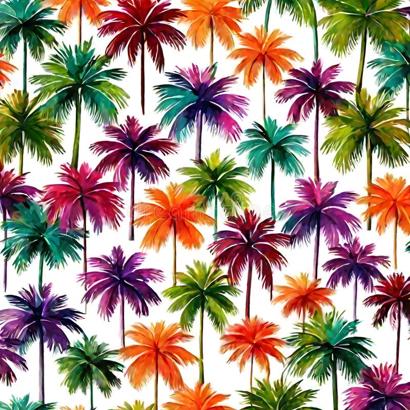 A Lot of Colorful Palm Trees, Pattern, Watercolor. Generative AI Stock ...