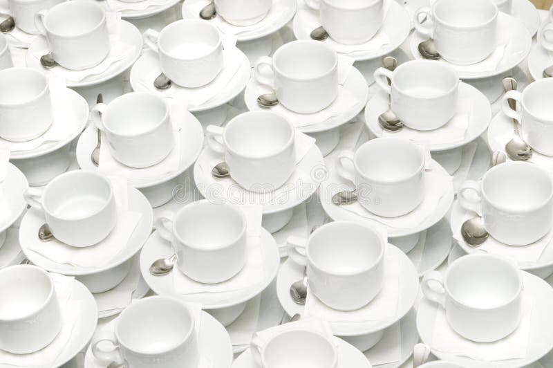 A Lot Of Cups For Coffee Or Tea On A Table With Sp Stock Photo - Image ...