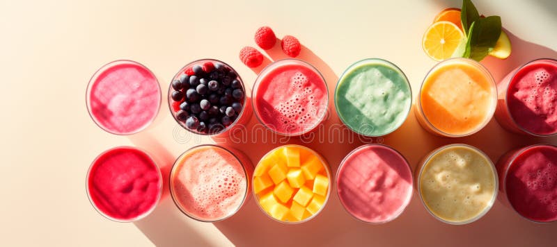 A Lot of Different Colored Smoothies in Tall Glasses with Leaves on ...