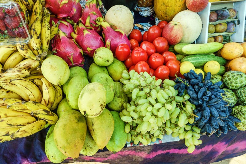 A Lot Different Fresh Tropical Fruits On The Counter Fruit Market