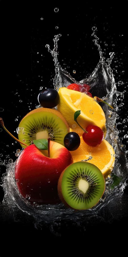 A Lot of Different Fruits are Sliced by Water, Cool Effect, Ai ...
