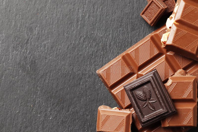 A Lot of Different Dark Chocolate Pieces and a Bar on a Light ...