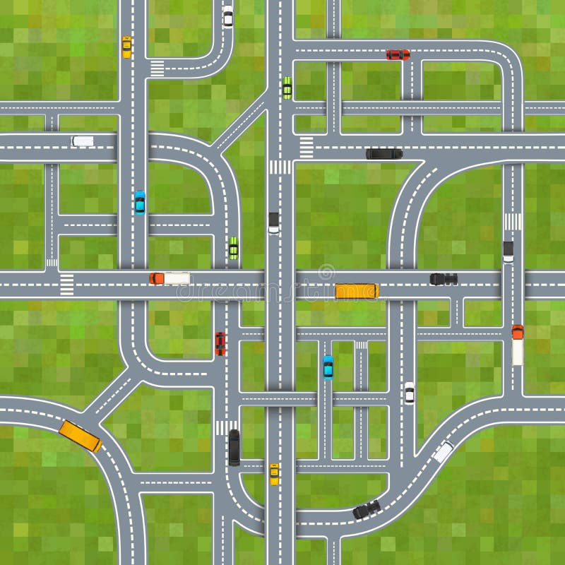 Different Road Junctions on Grass Background with Cars, Top View ...