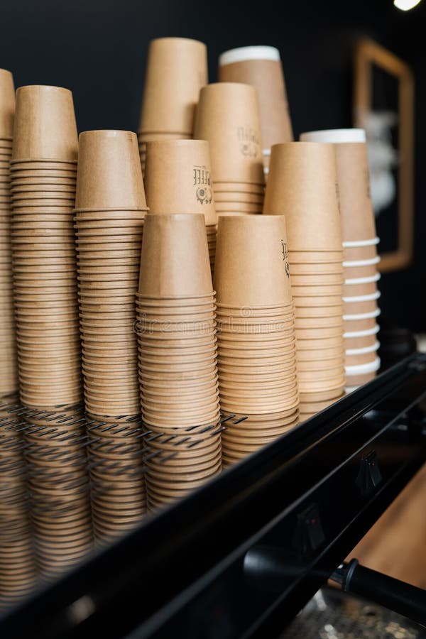 Lot of Drinking Paper Coffee Cups in Piles. Stack of Disposable Coffee ...