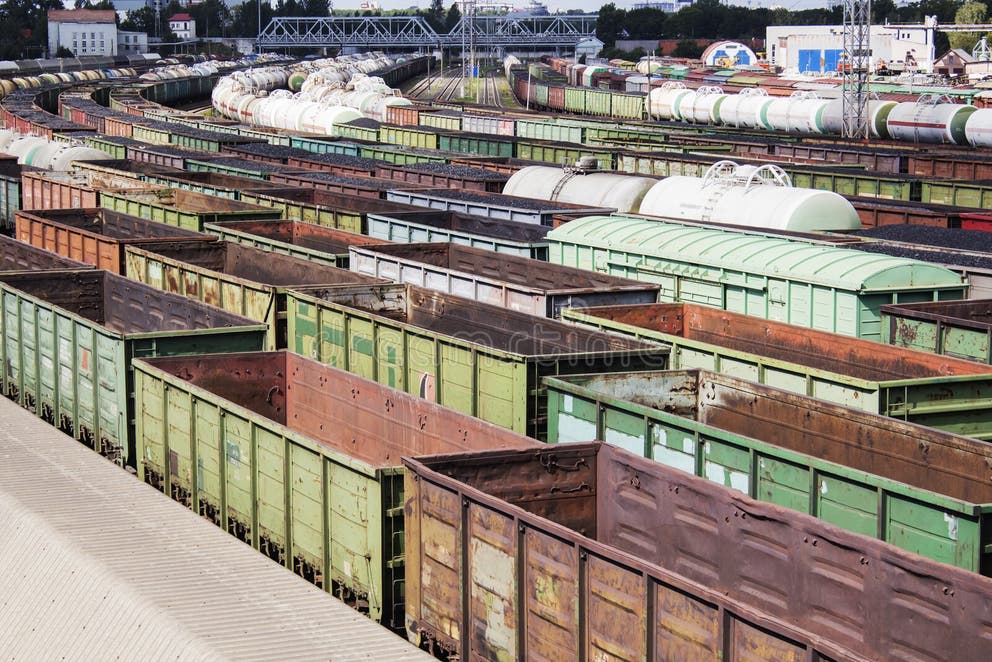 A lot of empty rail cars. stock photo. Image of harbor - 99434868