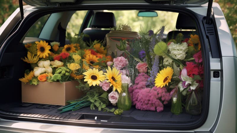A Lot of Flowers in Car Trunk in Spring Day Stock Image - Image of ...