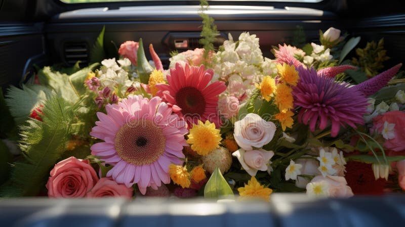A Lot of Flowers in Car Trunk in Spring Day Stock Image - Image of ...