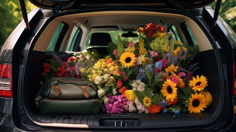 A Lot of Flowers in Car Trunk in Spring Day Stock Image - Image of ...