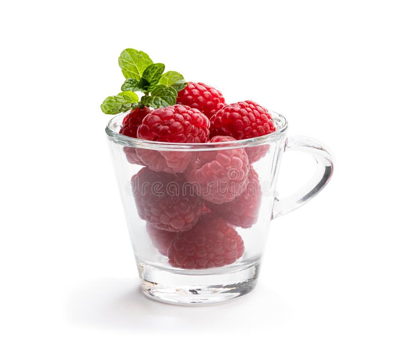 Lot of Fresh Raspberry in Glass Cup Isolated on White Stock Image ...