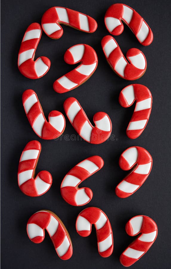 A Lot of Gingerbread Candy Cane Shaped Cookies, Flat Lay. Stock Photo ...