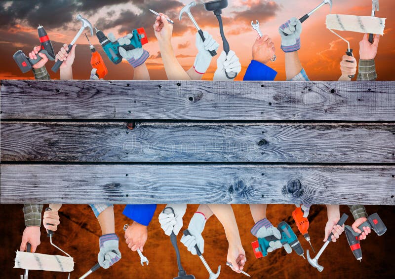 A Lot of Hands with Different Tools on Wood with Sky and Brown ...