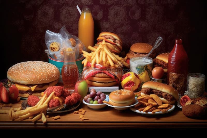 A Lot of Junk Food on Table. Unhealthy Nutrition. Generative AI Stock ...