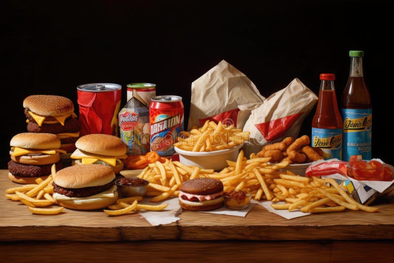 A Lot of Junk Food on Table. Unhealthy Nutrition. Generative AI Stock ...