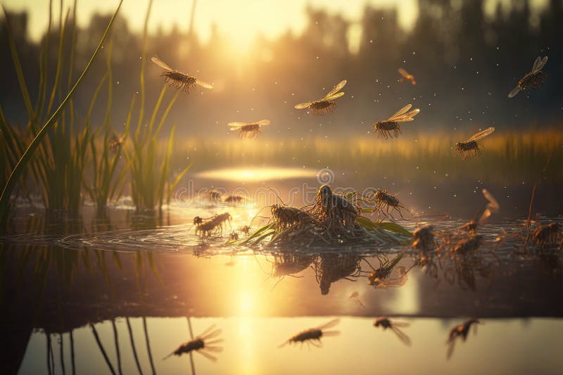 A Lot of Mosquitoes Flying in the Swamp. Generative AI Stock ...