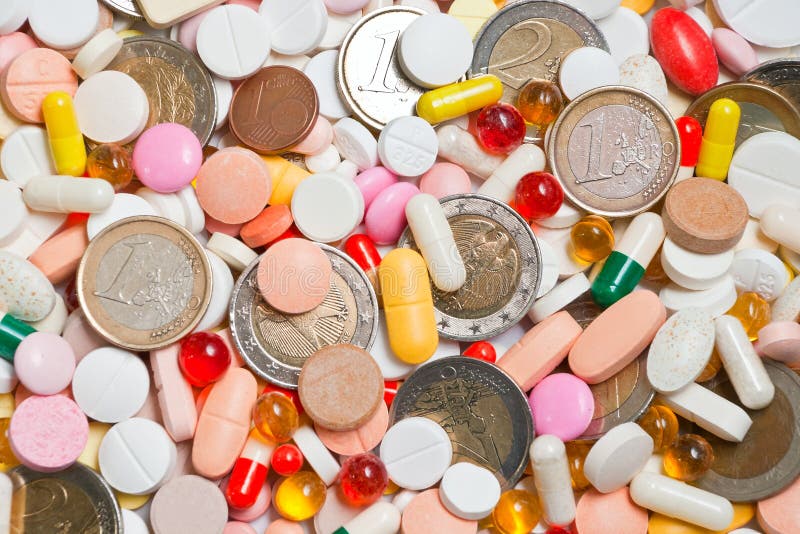 Lot of Pills with Coins among Them Stock Photo - Image of cure, capsule ...