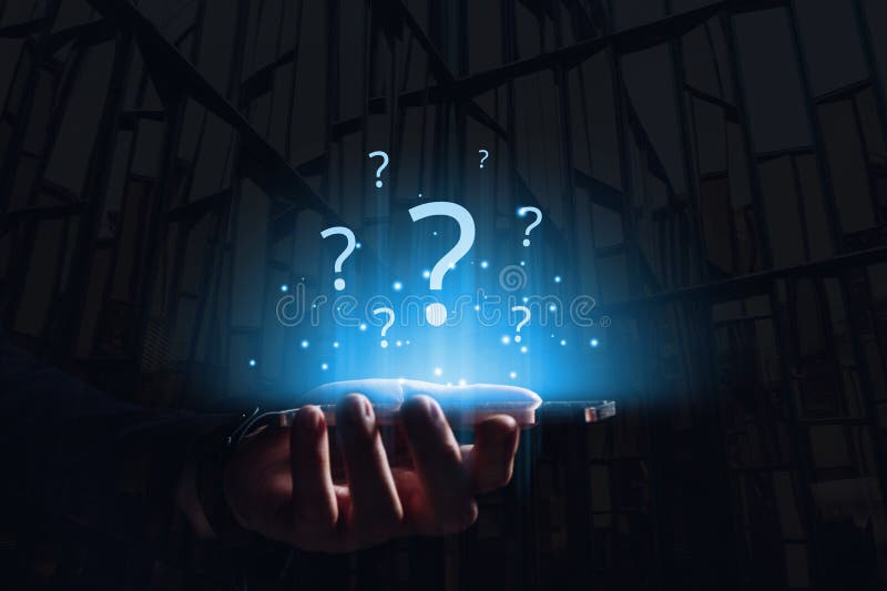 A Lot of Question Marks on a Holographic Display Over a Tablet in the ...