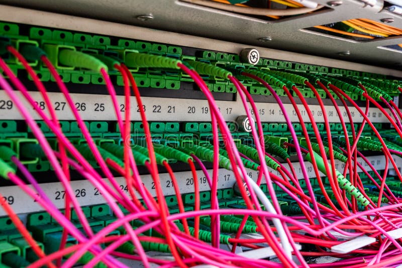 Lot of Red Optic Fiber Cables Connected To Rack Router Stock Photo ...