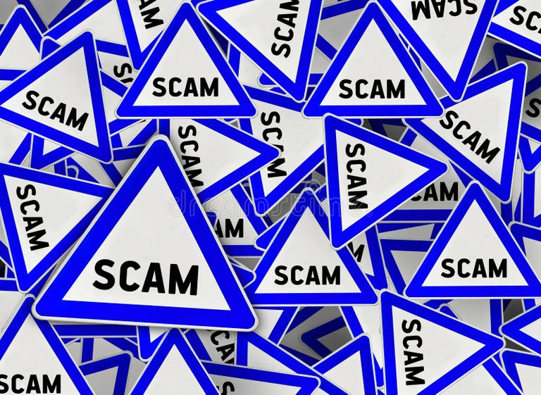 A Lot of Scam on Blue Triangle Road Sign Stock Illustration ...