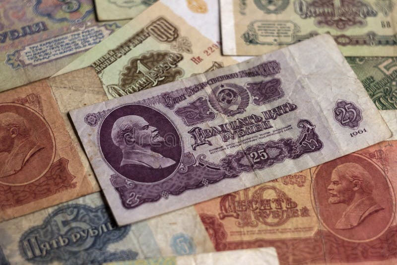 A Lot of Soviet Paper Money, USSR Banknotes of Different Denominations ...