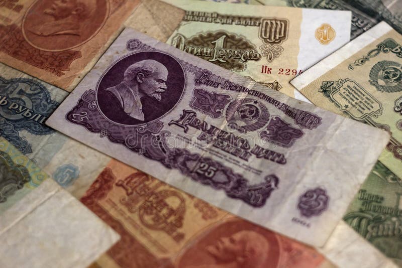 A Lot of Soviet Paper Money, USSR Banknotes of Different Denominations ...