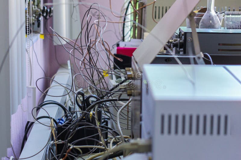 A Lot of Tangled Wires at the Device in the Laboratory Stock Photo ...