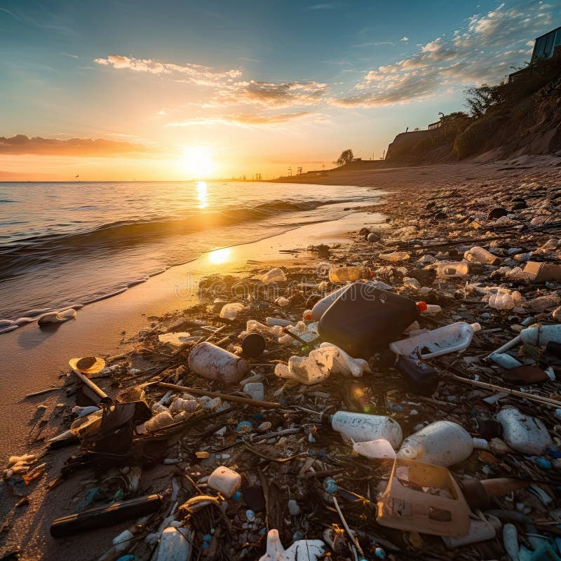 A Lot of Trash on the Beach at Sunset Stock Illustration - Illustration ...