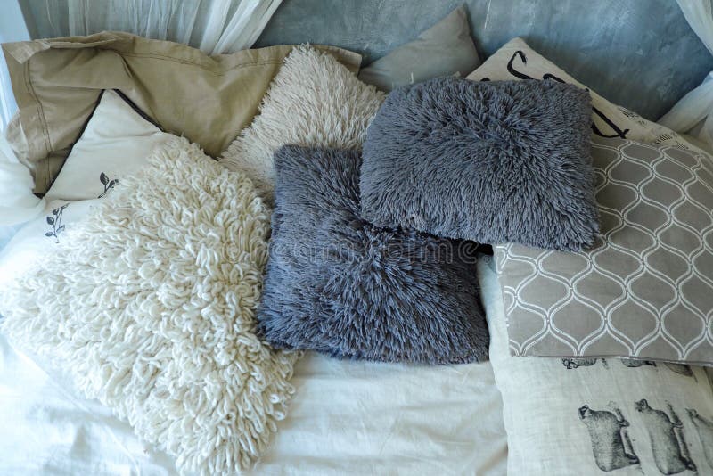 Lot of White and Grey Pillows for Relaxing Stock Photo - Image of ...