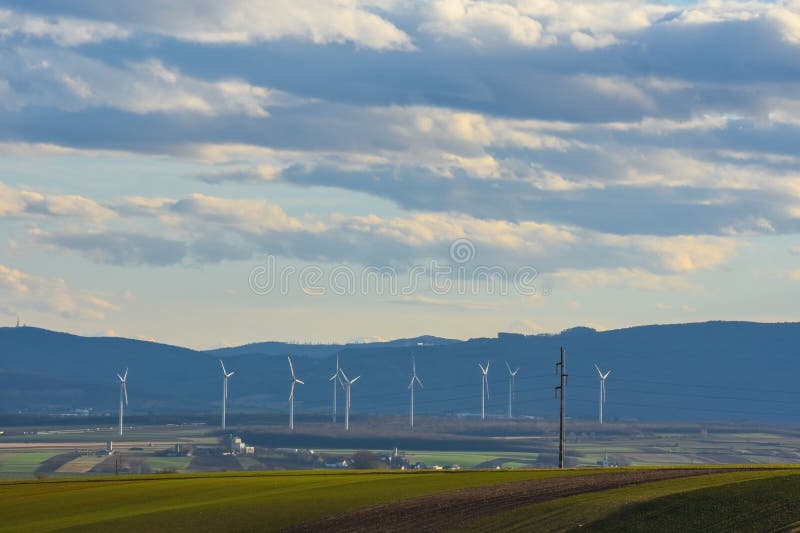Lot of Windmills in a Landscape with Fields Forest and Houses with ...