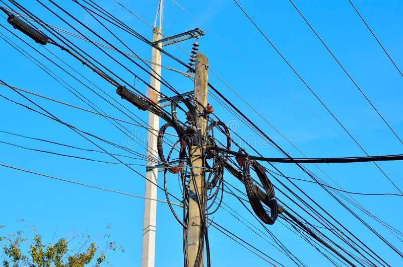 A Lot of Wire and Cable on the Lamp Post Stock Photo - Image of ...
