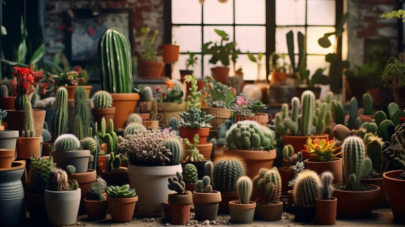 Lots of Cacti in Clay Pots on Wooden Table. Generative AI. Stock ...