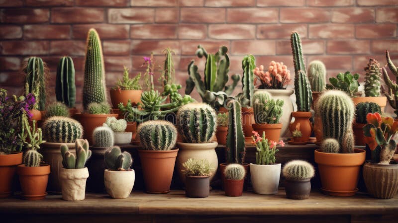 Lots of Cacti in Clay Pots on Wooden Table. Generative AI. Stock ...