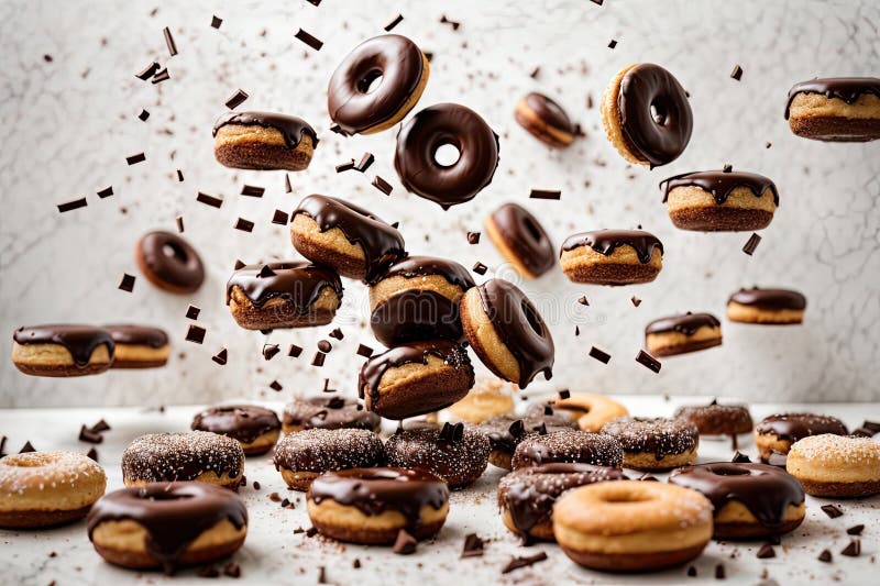 A Lots of Chocolate Donuts Falling on White Background AI-generated ...