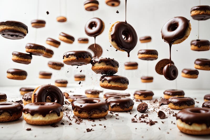 A Lots of Chocolate Donuts Falling on White Background AI-generated ...