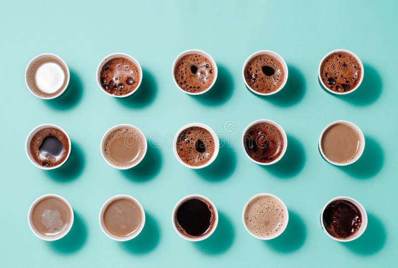 Lots of Coffee Cups with Different Types of Coffee on Turquoise Stock ...
