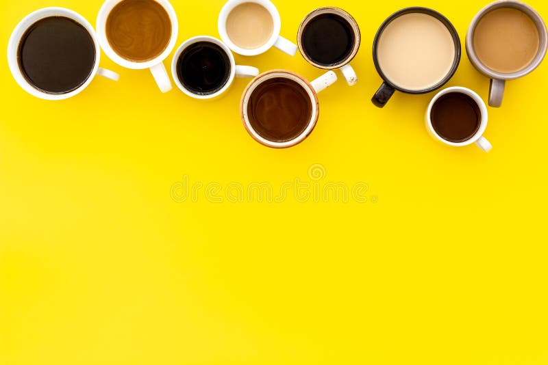 Lots of Coffee on Yellow Table Top View Copy Space Stock Photo - Image ...