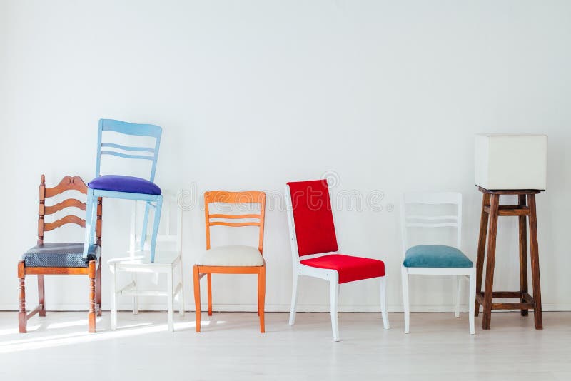 Lots of Different Chairs in the Empty White Interior Room Stock Photo ...