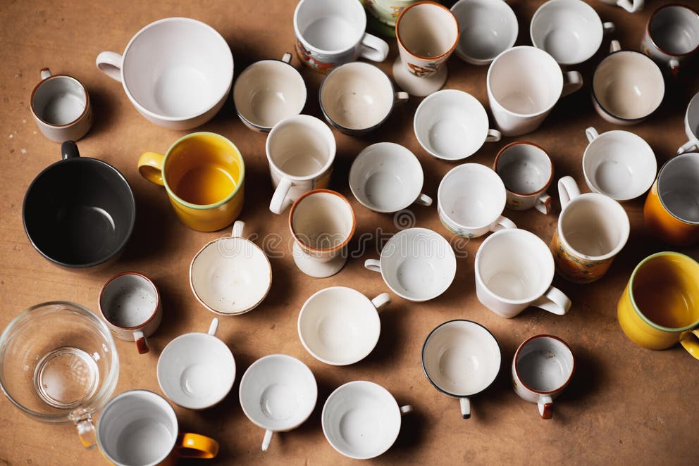 Lots of Different Empty Cups on the Floor. Coffee, Tea Cups Stock Photo ...