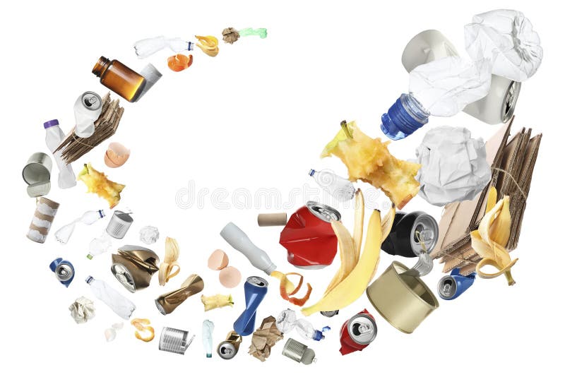 Different Garbage Falling into Trash Bin with Rubbish Bag on White ... Different Garbage Falling into Trash Bin with Rubbish Bag on White ...
