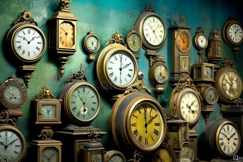 Lots of Different Vintage Wall Clocks. Dark Key Stock Image - Image of ...