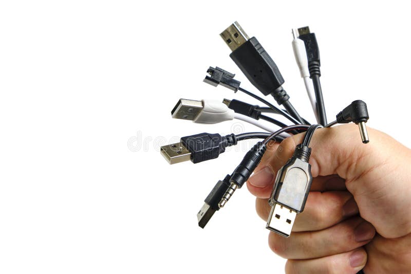 Lots Different Wires with Connectors in Hand on White Background. Stock ...